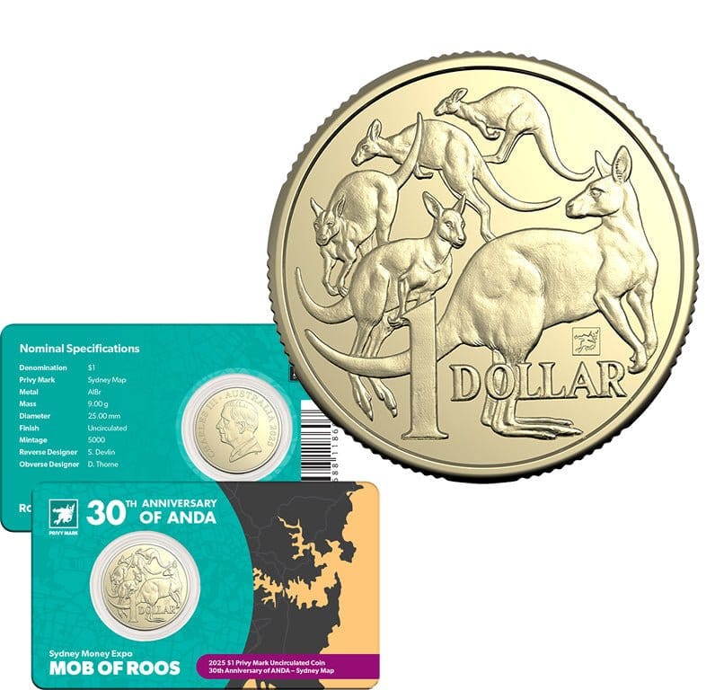2025 $1 Mob of Roos with Sydney Map Privy Mark - Sydney ANDA Money Exp ...