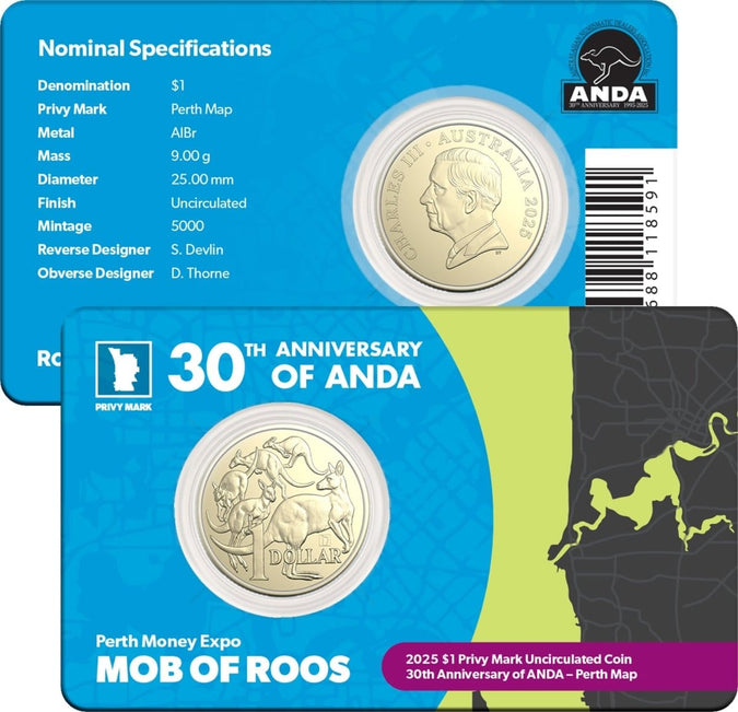 2025 Mob of Roos $1 30th Anniversary of ANDA with Perth Map Privymark ...