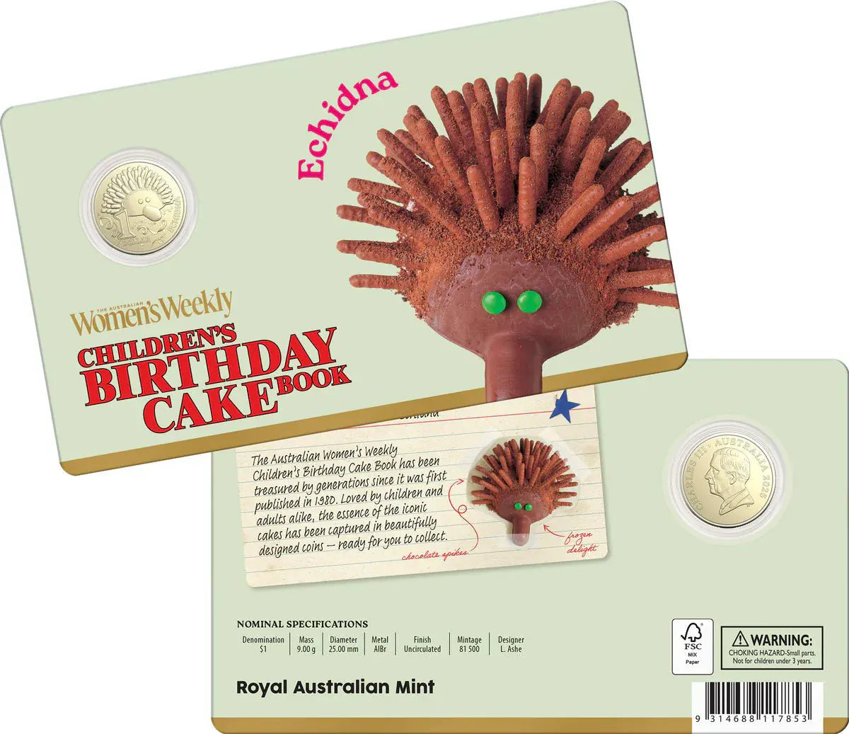 AWW Birthday Cake Echidna 2025 $1 Uncirculated Coin in Card – Nova Coins