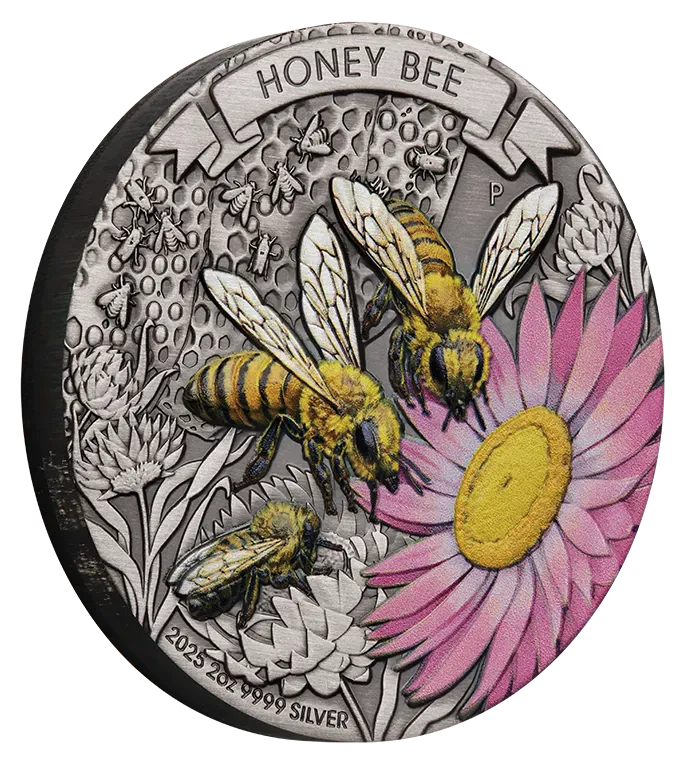 Honey Bee 2025 2oz Silver Antiqued Coloured Coin – Nova Coins