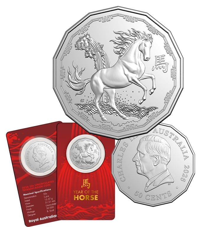 Lunar Series Year of the Horse 2026 50c Tetradecagon Unc Coin Card ...